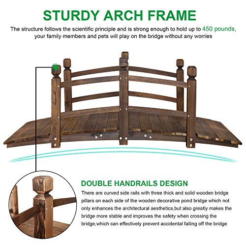 5FT Wooden Garden Bridge Arch Stained Finish Footbridge Decorative Backyard Bridge with Double Safety Railings Outdoor Lawn Pond Bridge Walkway for Garden Yard Patio Courtyard Farm Stream Creek