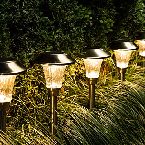 SOLPEX 8 Pack Solar Path Lights, Solar Pathway Lights Outdoor Waterproof, Glass Stainless Steel Automatic Solar Walkway Lights for Yard, Lawn, Patio, Garden, Path, Walkway or Driveway（Warm White）