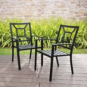 PHI VILLA 2 Pcs Metal Patio Outdoor Dining Chairs with Armrest, 2 Pack Stackable Wrought Iron Bistro Chairs, Portable Chairs Set of 2 for Garden Backyard Poolside, Supports 300 lbs, Black