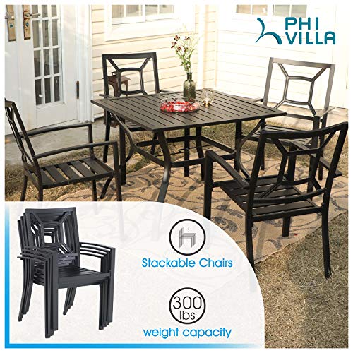 PHI VILLA 2 Pcs Metal Patio Outdoor Dining Chairs with Armrest, 2 Pack Stackable Wrought Iron Bistro Chairs, Portable Chairs Set of 2 for Garden Backyard Poolside, Supports 300 lbs, Black