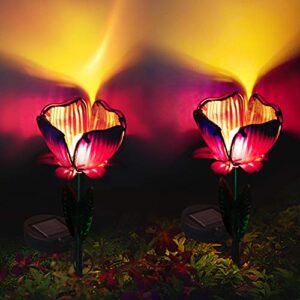 Pannow 2 Pack Large Metal Glass Solar Flowers Lights, Garden Solar Lights Outdoor,Solar Powered Stake Lights,Decorative Garden Lights for Walkway,Pathway,Yard,Lawn