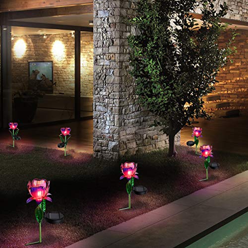 Pannow 2 Pack Large Metal Glass Solar Flowers Lights, Garden Solar Lights Outdoor,Solar Powered Stake Lights,Decorative Garden Lights for Walkway,Pathway,Yard,Lawn