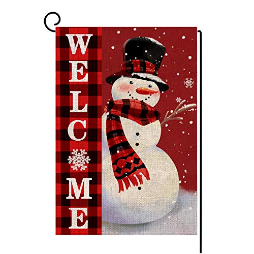 Welcome Christmas Garden Flag Double Sided Snowman with Buffalo Plaid Scarf Garden Flag, Winter Christmas Rustic Yard Outdoor Decoration 12.5 x 18 Inch