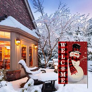 Welcome Christmas Garden Flag Double Sided Snowman with Buffalo Plaid Scarf Garden Flag, Winter Christmas Rustic Yard Outdoor Decoration 12.5 x 18 Inch