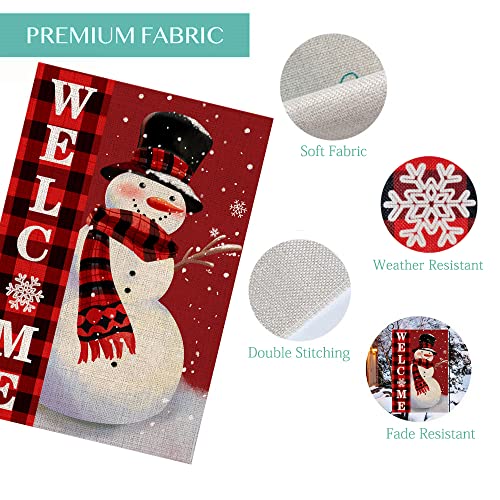 Welcome Christmas Garden Flag Double Sided Snowman with Buffalo Plaid Scarf Garden Flag, Winter Christmas Rustic Yard Outdoor Decoration 12.5 x 18 Inch