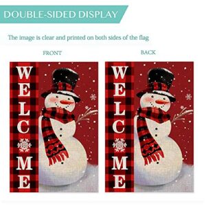 Welcome Christmas Garden Flag Double Sided Snowman with Buffalo Plaid Scarf Garden Flag, Winter Christmas Rustic Yard Outdoor Decoration 12.5 x 18 Inch