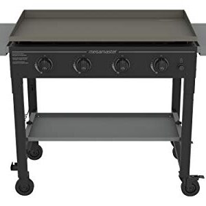 Megamaster 720-0786F Outdoor Portable Cooking 4-Burner Propane Gas Griddle Grill, Flat Top for Camping, Outdoor Cooking, Patio, Garden, Cart with Caster, Side Shelves with Hooks, Black and Grey