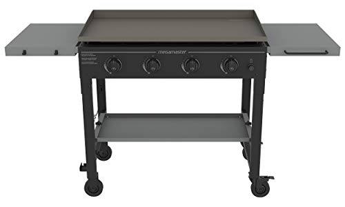 Megamaster 720-0786F Outdoor Portable Cooking 4-Burner Propane Gas Griddle Grill, Flat Top for Camping, Outdoor Cooking, Patio, Garden, Cart with Caster, Side Shelves with Hooks, Black and Grey