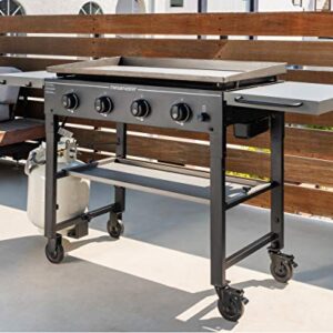 Megamaster 720-0786F Outdoor Portable Cooking 4-Burner Propane Gas Griddle Grill, Flat Top for Camping, Outdoor Cooking, Patio, Garden, Cart with Caster, Side Shelves with Hooks, Black and Grey