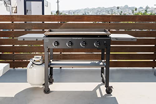 Megamaster 720-0786F Outdoor Portable Cooking 4-Burner Propane Gas Griddle Grill, Flat Top for Camping, Outdoor Cooking, Patio, Garden, Cart with Caster, Side Shelves with Hooks, Black and Grey