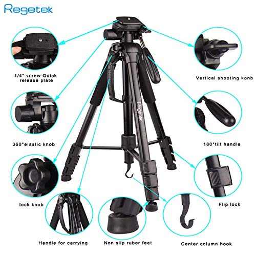 Regetek 73" Camera Tripod Travel Monopod (Aluminum Professional Video Camera Mount) Adjustable Stand with Flexible Head for Canon Nikon DV DSLR Camcorder Webcam Gopro cam& Carry Bag & Cellphone Mount