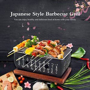 Buachois Round Carbon Barbecue,Charcoal Table Grill,Japanese Style BBQ Grill,Japanese Non-electric Griddles, Mini Square Grill with Wooden Base for Picnic Garden Camping 19x19x18 cm / 7.5x7.5x7.1 in