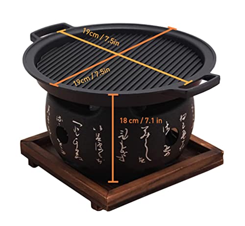 Buachois Round Carbon Barbecue,Charcoal Table Grill,Japanese Style BBQ Grill,Japanese Non-electric Griddles, Mini Square Grill with Wooden Base for Picnic Garden Camping 19x19x18 cm / 7.5x7.5x7.1 in