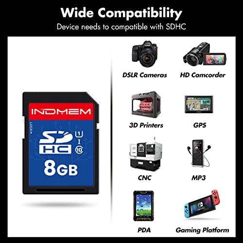 INDMEM SD Card 8GB 2 Pack UHS-I U1 Class 10 8G SDHC Flash Memory Card Compatible with Digital Camera, Computer, Trail Cameras