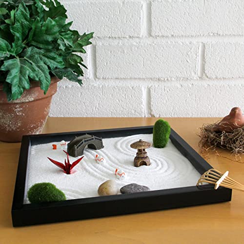 COCORO Japanese Zen Garden for Desk and Office Accessories Includes Zen Garden Sand, Rocks, Rake, Moss Stones, Fishes, Lantern, Bridge, and Origami