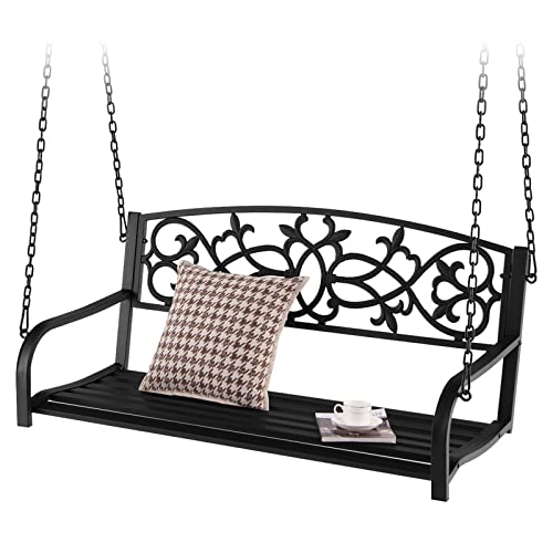 Tangkula 2 Person Porch Swing, Hanging Patio Swing Bench with Chains, Backrest & Armrests, Classic Outdoor Metal Swing Chair with Floral Pattern for Garden, Deck, Backyard (Black)