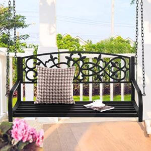 Tangkula 2 Person Porch Swing, Hanging Patio Swing Bench with Chains, Backrest & Armrests, Classic Outdoor Metal Swing Chair with Floral Pattern for Garden, Deck, Backyard (Black)