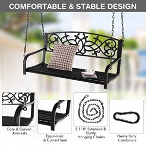 Tangkula 2 Person Porch Swing, Hanging Patio Swing Bench with Chains, Backrest & Armrests, Classic Outdoor Metal Swing Chair with Floral Pattern for Garden, Deck, Backyard (Black)