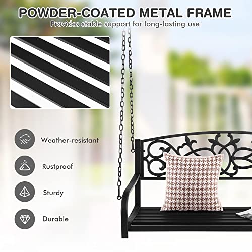 Tangkula 2 Person Porch Swing, Hanging Patio Swing Bench with Chains, Backrest & Armrests, Classic Outdoor Metal Swing Chair with Floral Pattern for Garden, Deck, Backyard (Black)