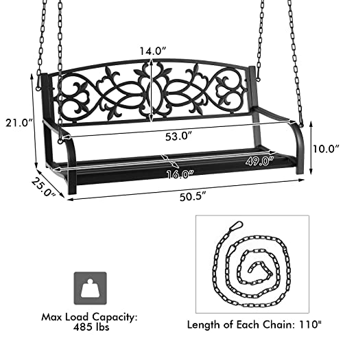 Tangkula 2 Person Porch Swing, Hanging Patio Swing Bench with Chains, Backrest & Armrests, Classic Outdoor Metal Swing Chair with Floral Pattern for Garden, Deck, Backyard (Black)