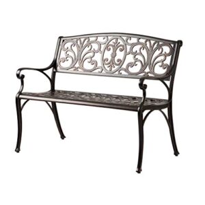 patio sense 63284 decatur cast aluminum patio bench heavy duty rust free metal construction front porch backyard lawn garden pool deck outdoors fleur-de-lis design – antique bronze finish