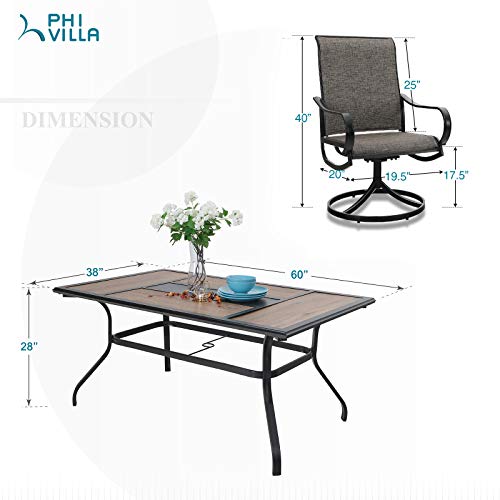 PHI VILLA 7 Piece Patio Dining Set, 6 Swivel Patio Chair with Metal Frame and Textilene Fabric, 1 60" x 38" Large Rectangular Dining Table(1.57" Umbrella Hole), All Weather Clearance for Lawn Garden