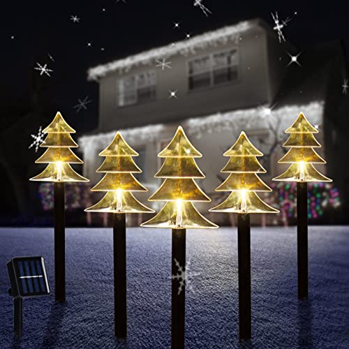 PIXFAIRY Solar Christmas Pathway Lights Outdoor, Waterproof Solar Powered Stake Lights, Christmas Decorations for Home, Pathway, Garden, Walkway, Yard, Lawn, Patio (5 Tree)