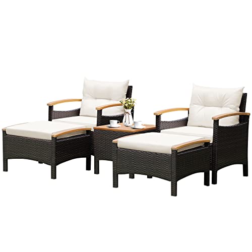 Tangkula 5 Piece Patio Furniture Set, Patiojoy Outdoor Conversation Set w/Seat & Back Cushions, Coffee Table & 2 Ottomans, Acacia Wood Tabletop & Armrests, Wicker Sofa Set for Backyard, Poolside