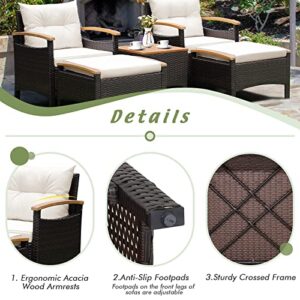 Tangkula 5 Piece Patio Furniture Set, Patiojoy Outdoor Conversation Set w/Seat & Back Cushions, Coffee Table & 2 Ottomans, Acacia Wood Tabletop & Armrests, Wicker Sofa Set for Backyard, Poolside