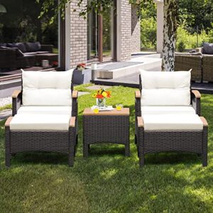 Tangkula 5 Piece Patio Furniture Set, Patiojoy Outdoor Conversation Set w/Seat & Back Cushions, Coffee Table & 2 Ottomans, Acacia Wood Tabletop & Armrests, Wicker Sofa Set for Backyard, Poolside