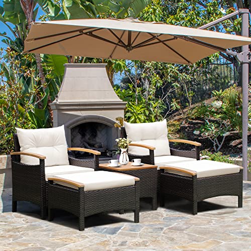 Tangkula 5 Piece Patio Furniture Set, Patiojoy Outdoor Conversation Set w/Seat & Back Cushions, Coffee Table & 2 Ottomans, Acacia Wood Tabletop & Armrests, Wicker Sofa Set for Backyard, Poolside