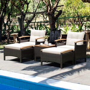 Tangkula 5 Piece Patio Furniture Set, Patiojoy Outdoor Conversation Set w/Seat & Back Cushions, Coffee Table & 2 Ottomans, Acacia Wood Tabletop & Armrests, Wicker Sofa Set for Backyard, Poolside