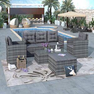 siyahome conversation 5 piece uv outdoor patio storage bench garden furniture, pe modular set, all weather rattan sofa dining table chair, grey wicker, gray