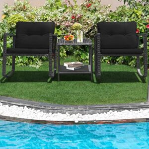 RELAX4LIFE Outdoor Rocking Chair Set, 3-Piece PE Rattan Bistro Set Patio Wicker Conversation Set w/Cushions Table & Storage Shelf, Outdoor Furniture for Garden, Backyard and Poolside (Black)