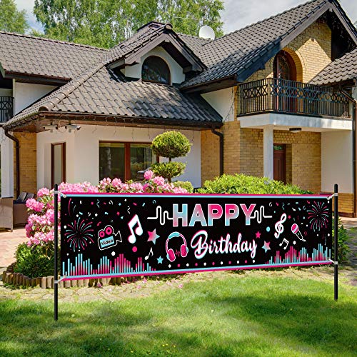 71 x 16 Inch Happy Birthday Banner Decorations, Large Fabric Music Party Banner Backdrop Background Photo Booth Banner Indoor Outdoor Decor for Teens Social Media Theme Birthday Party Supplies