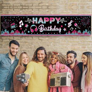 71 x 16 Inch Happy Birthday Banner Decorations, Large Fabric Music Party Banner Backdrop Background Photo Booth Banner Indoor Outdoor Decor for Teens Social Media Theme Birthday Party Supplies