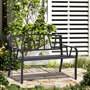 Outsunny 2-Seater Outdoor Garden Patio Bench with a Solid Metal Build, Decorative Backrest, & Ergonomic Comfort Armrests