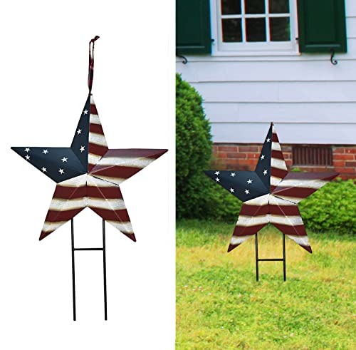 Veclotch 4th of July Metal Barn Star Yard Sign Outdoor Lawn Decor, Patriotic US Flag Star Barn Hanging Ornament Garden Signs Decorative Outdoor Stake July 4th Memorial Day Party Supplies (S, A)