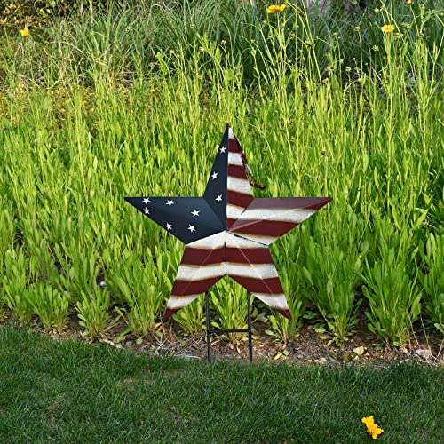 Veclotch 4th of July Metal Barn Star Yard Sign Outdoor Lawn Decor, Patriotic US Flag Star Barn Hanging Ornament Garden Signs Decorative Outdoor Stake July 4th Memorial Day Party Supplies (S, A)