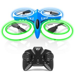 dwi dowellin 4.9 inch mini drone for kids led night lights one key take off landing flips rc remote control small flying toys drones for beginners boys and girls adults nano quadcopter, blue