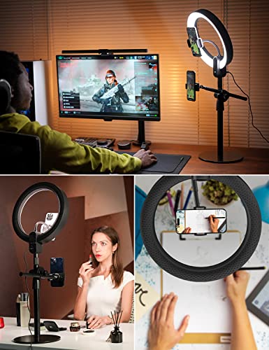 viozon Overhead Live Stand with 12" LED Ring Light, Outer 24W 6500K, Two Cellphone Holders Compatible with 3.5-6.7" Cellphones, Adjustable Height&Angle, Aluminum Alloy, for Live Stream/YouTube/TikTok