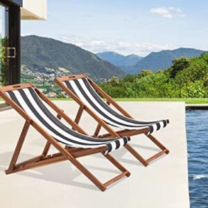 Beach Chair Lounge Chair 2 Set Outdoor Wooden Patio Beach Sling Chair Adjustable Portable Folding Chairs for Outside with Polyester Canvas Lounging Chair for Garden, Backyard, Poolside, Balcony(WB)