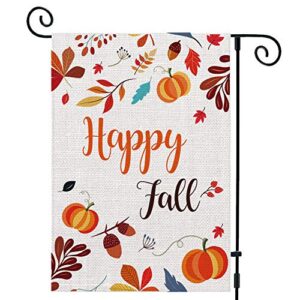 upinlook happy fall garden flag double sided maple leaf leaves pumpkins, seasonal autumn farmhouse thanksgiving burlap yard outdoor decoration 12.5 x 18 inch