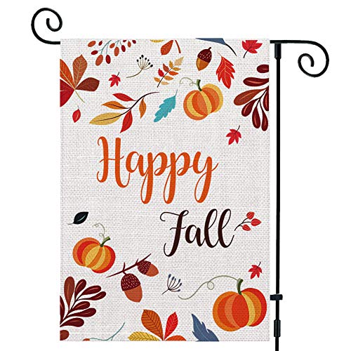 UPINLOOK Happy Fall Garden Flag Double Sided Maple Leaf Leaves Pumpkins, Seasonal Autumn Farmhouse Thanksgiving Burlap Yard Outdoor Decoration 12.5 x 18 Inch