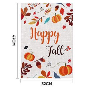 UPINLOOK Happy Fall Garden Flag Double Sided Maple Leaf Leaves Pumpkins, Seasonal Autumn Farmhouse Thanksgiving Burlap Yard Outdoor Decoration 12.5 x 18 Inch