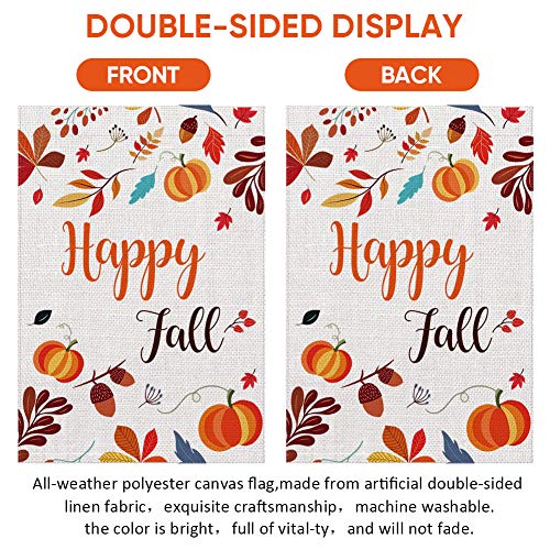 UPINLOOK Happy Fall Garden Flag Double Sided Maple Leaf Leaves Pumpkins, Seasonal Autumn Farmhouse Thanksgiving Burlap Yard Outdoor Decoration 12.5 x 18 Inch