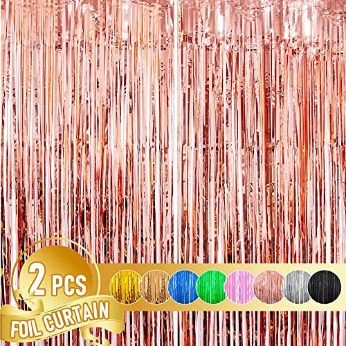 Dazzle Bright Backdrop Curtain, 3FT x 8FT Metallic Tinsel Foil Fringe Curtains Photo Booth Background for Baby Shower Party Birthday Wedding Engagement Bridal Shower (2, Rose Gold)