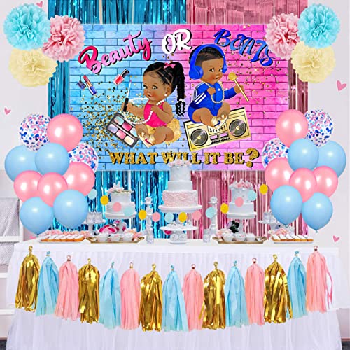 Gender Reveal Decorations,Gender Reveal Party Supplies,Beauty and Beats Reveal Backdrop Sign for Navy and Blush Baby Shower Party Supplies