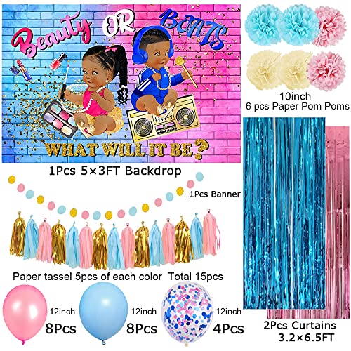 Gender Reveal Decorations,Gender Reveal Party Supplies,Beauty and Beats Reveal Backdrop Sign for Navy and Blush Baby Shower Party Supplies