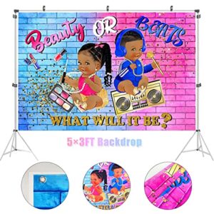 Gender Reveal Decorations,Gender Reveal Party Supplies,Beauty and Beats Reveal Backdrop Sign for Navy and Blush Baby Shower Party Supplies